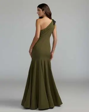Mac Duggal Petite One Shoulder Crepe Gown With Embellished Flower Detail - Green
