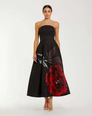 Mac Duggal Printed Satin Strapless Midi Dress With Pockets