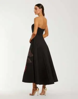 Mac Duggal Printed Satin Strapless Midi Dress With Pockets