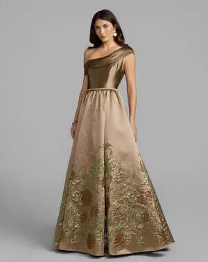 Mac Duggal Beige Floral Off The Shoulder Ball Gown