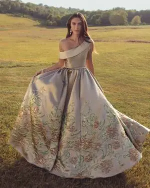 Mac Duggal Beige Floral Off The Shoulder Ball Gown
