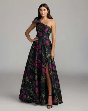 Mac Duggal One Shoulder Brocade Floral Gown With Bow