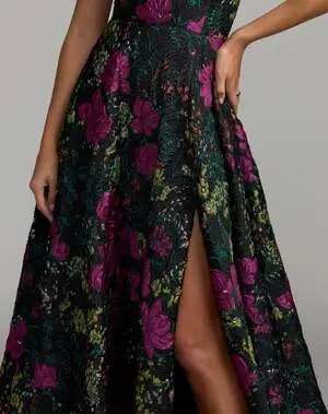 Mac Duggal One Shoulder Brocade Floral Gown With Bow