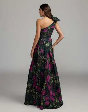 Mac Duggal One Shoulder Brocade Floral Gown With Bow
