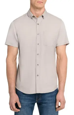 W.R.K Hudson Reworked Slim Fit Solid Short Sleeve Cotton Button-up Shirt - Stone