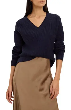 NIC+ZOE Textured V-neck Sweater - Dark Indigo