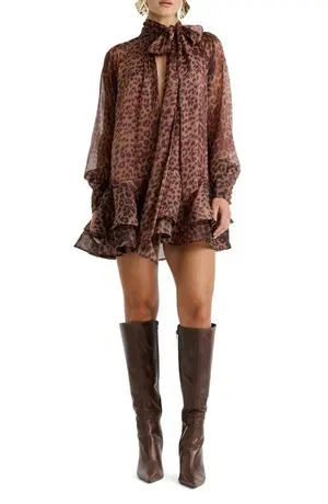 Bardot Adrie Long Sleeve Babydoll Minidress - Leopard