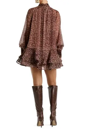 Bardot Adrie Long Sleeve Babydoll Minidress - Leopard