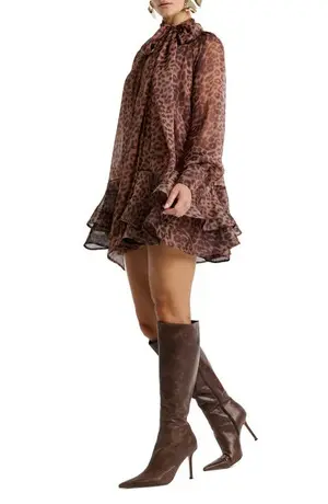Bardot Adrie Long Sleeve Babydoll Minidress - Leopard