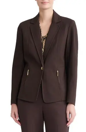 KASPER Notched Lapel Zip Pocket Blazer - Rich Chocolate