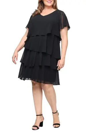 SL FASHIONS Beaded Tiered Chiffon Dress Black