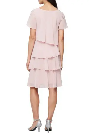SL FASHIONS Beaded Tiered Chiffon Dress - Faded Rose
