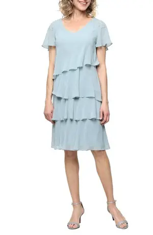 SL FASHIONS Beaded Tiered Chiffon Dress - Sage