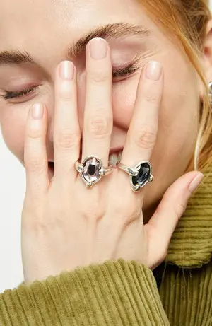 UNODE50 Sterling Plated Ring With Black Faceted Crystal