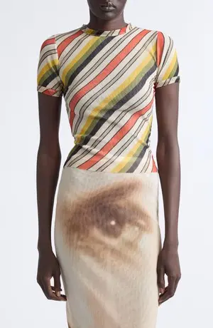 JEAN PAUL GAULTIER Retro Stripe Print Crop Mesh Baby Tee - Beige Multicolor