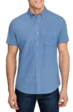 W.R.K Slim Fit Micro Square Reworked Short Sleeve Button-down Shirt - Navy