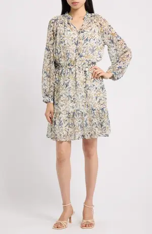 NIC+ZOE Bloomsbury Abstract Floral Print Chiffon Dress - Neutral Multi