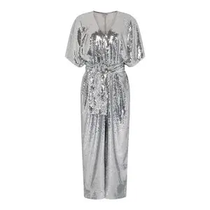 NALÈ Sequin Palazzo Jumpsuit With Satin Lining & Detachable Belt - Silver