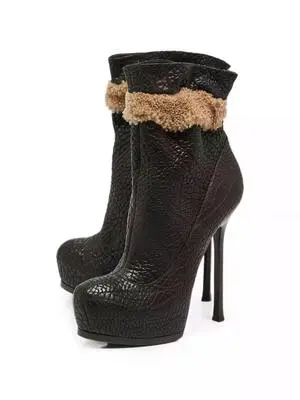 Saint Laurent Textured Shearling Trim Stiletto Ankle Boots