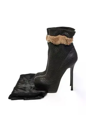 Saint Laurent Textured Shearling Trim Stiletto Ankle Boots