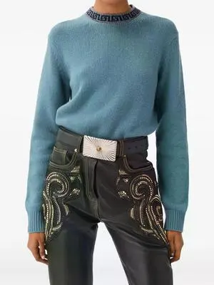 Versace Wool & Cashmere Blend Crewneck Jumper With Greca Motif - Blue