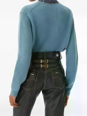 Versace Wool & Cashmere Blend Crewneck Jumper With Greca Motif - Blue