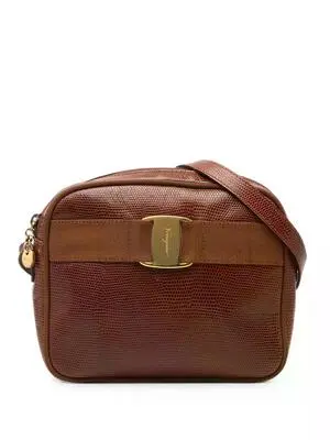 FERRAGAMO 1990 Lizard Embossed Leather Vara Crossbody Bag - Brown