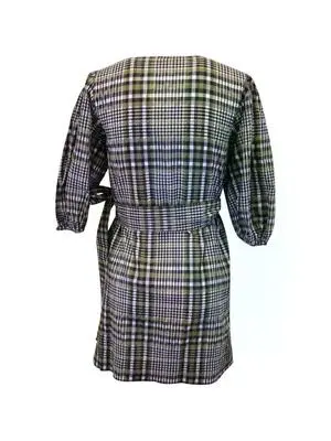 GANNI Plaid Wrap Dress With Puff Sleeves