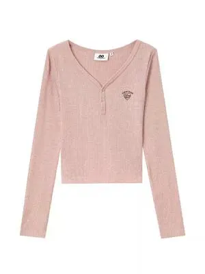 CHOCOOLATE Ribbed-knit Heart-motif Long-sleeved Cropped T-shirt - Pink