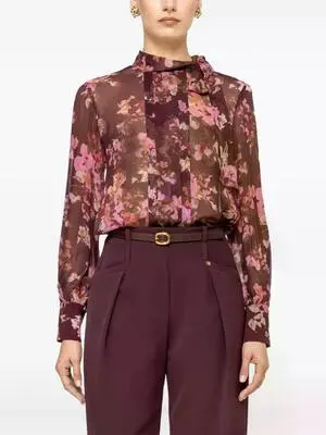 NISSA Floral Print Pussy-bow Blouse - Brown