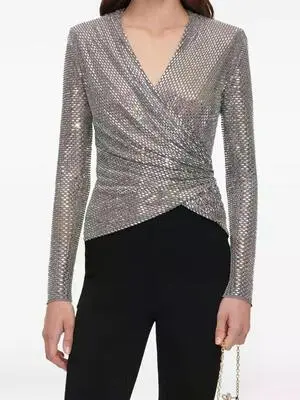 SELF-PORTRAIT Rhinestone Embellished Wrap Top - Silver