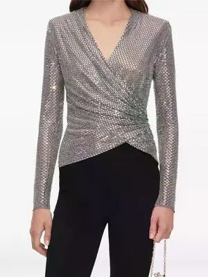 SELF-PORTRAIT Rhinestone Embellished Wrap Top - Silver