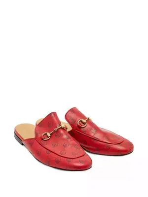 Gucci Princetown Skull Print Horsebit Mules - Red