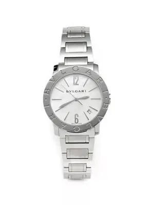 BVLGARI 37mm Engraved Bezel Stainless Steel Watch With Mother-of-pearl Dial - White