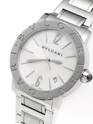 BVLGARI 37mm Engraved Bezel Stainless Steel Watch With Mother-of-pearl Dial