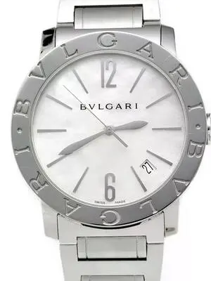 BVLGARI 37mm Engraved Bezel Stainless Steel Watch With Mother-of-pearl Dial