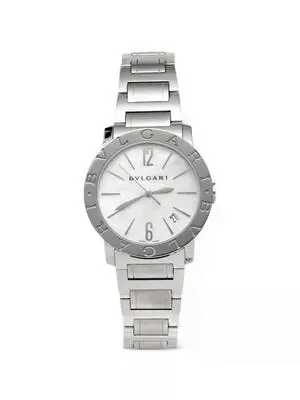 BVLGARI 37mm Engraved Bezel Stainless Steel Watch With Mother-of-pearl Dial - White