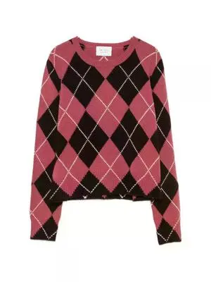 BEYOU Argyle-pattern Crew Neck Sweater - Pink
