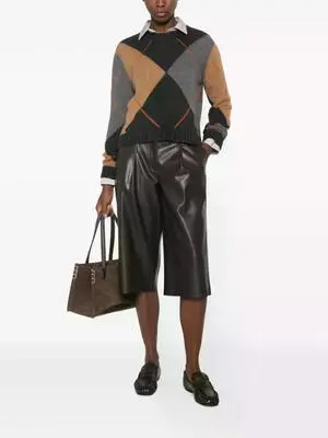 BEYOU Round-neck Argyle-knit Sweater