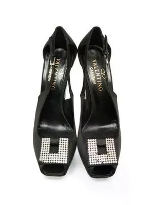 Valentino Garavani Satin Crystal Embellished Peep Toe Block Heel Pumps