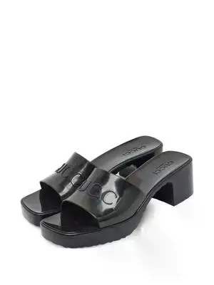Gucci Rubber Embossed Logo Block Heel Sandals - Black
