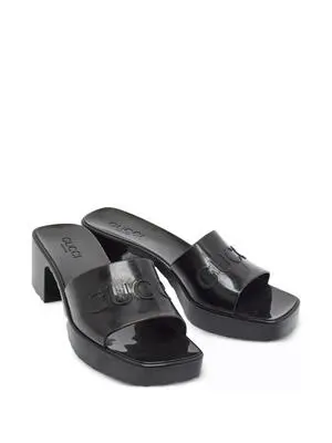 Gucci Rubber Embossed Logo Block Heel Sandals - Black