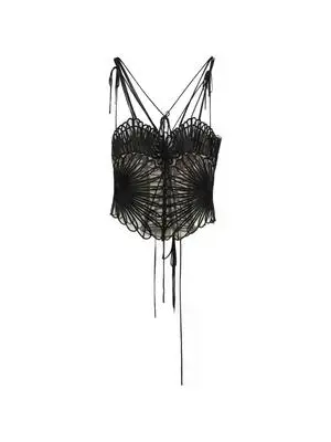 Attico Embroidered Tulle Sweetheart Neck Top - Black