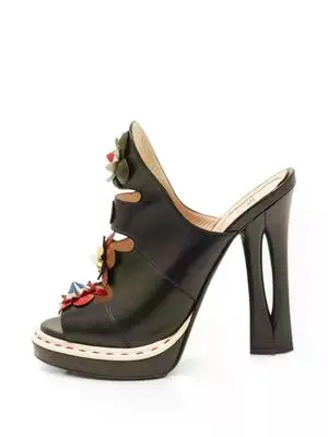 Fendi Leather Floral Appliqué Sculptural High Heel Platform Sandals