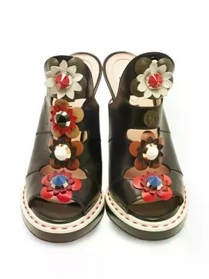 Fendi Leather Floral Appliqué Sculptural High Heel Platform Sandals