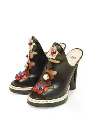 Fendi Leather Floral Appliqué Sculptural High Heel Platform Sandals