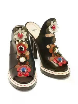 Fendi Leather Floral Appliqué Sculptural High Heel Platform Sandals