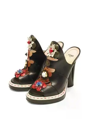 Fendi Leather Floral Appliqué Sculptural High Heel Platform Sandals