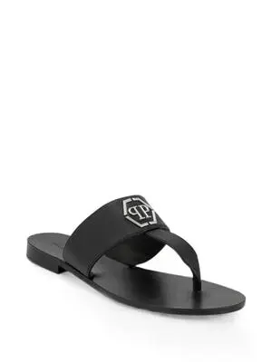 Philipp Plein Leather Flat Sandals Hexagon - Black