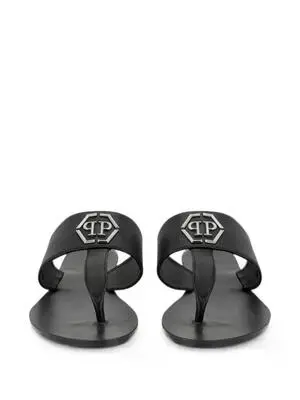 Philipp Plein Leather Flat Sandals Hexagon